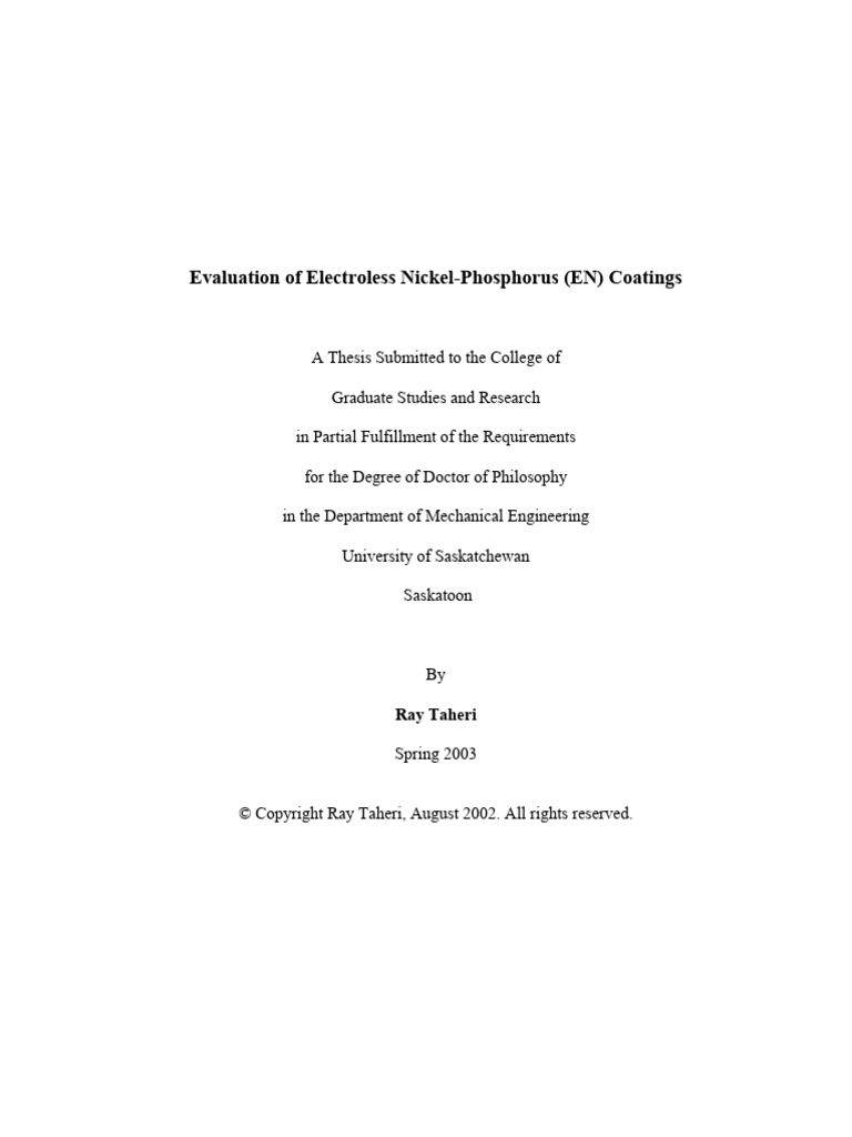Evaluation of Electroless Nickel-Phosphorus (EN) Coatings: Ray Taheri ...