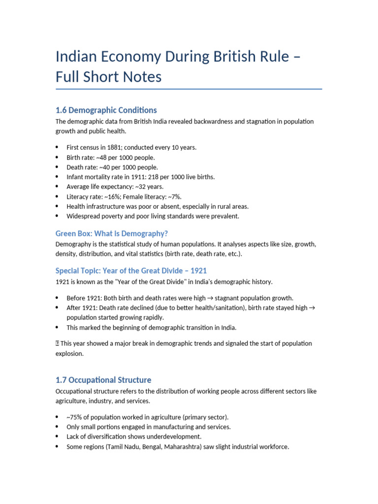 Indian Economy British Rule Final Notes UPDATED | PDF | Demography ...