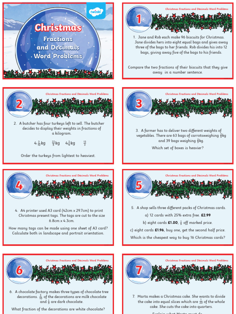 Fractions and Decimals Word Problem Challenge Cards 1 | PDF