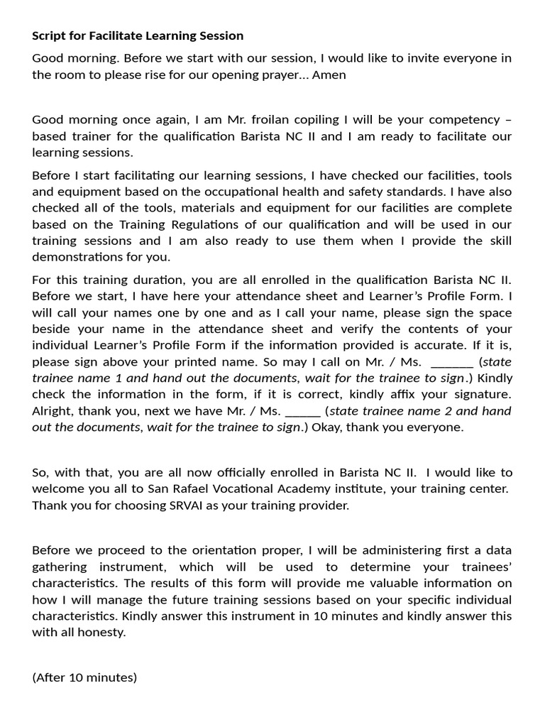 Script for Facilitate Learning Session and Cca | PDF | Educational Assessment | Vocational Education