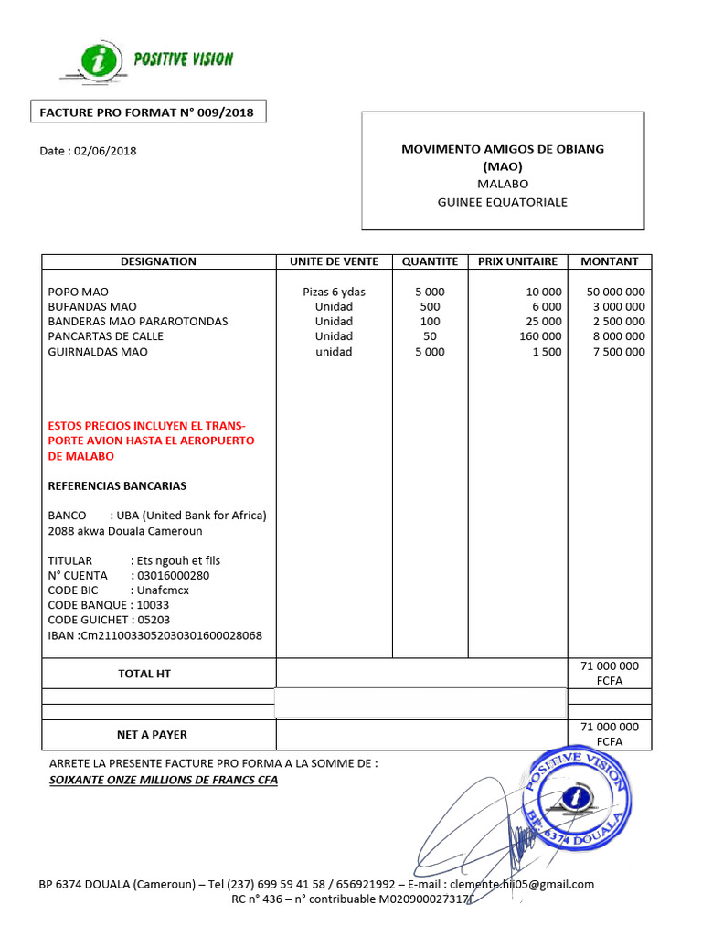 Factura Pro Forma: 71M FCFA Malabo | PDF