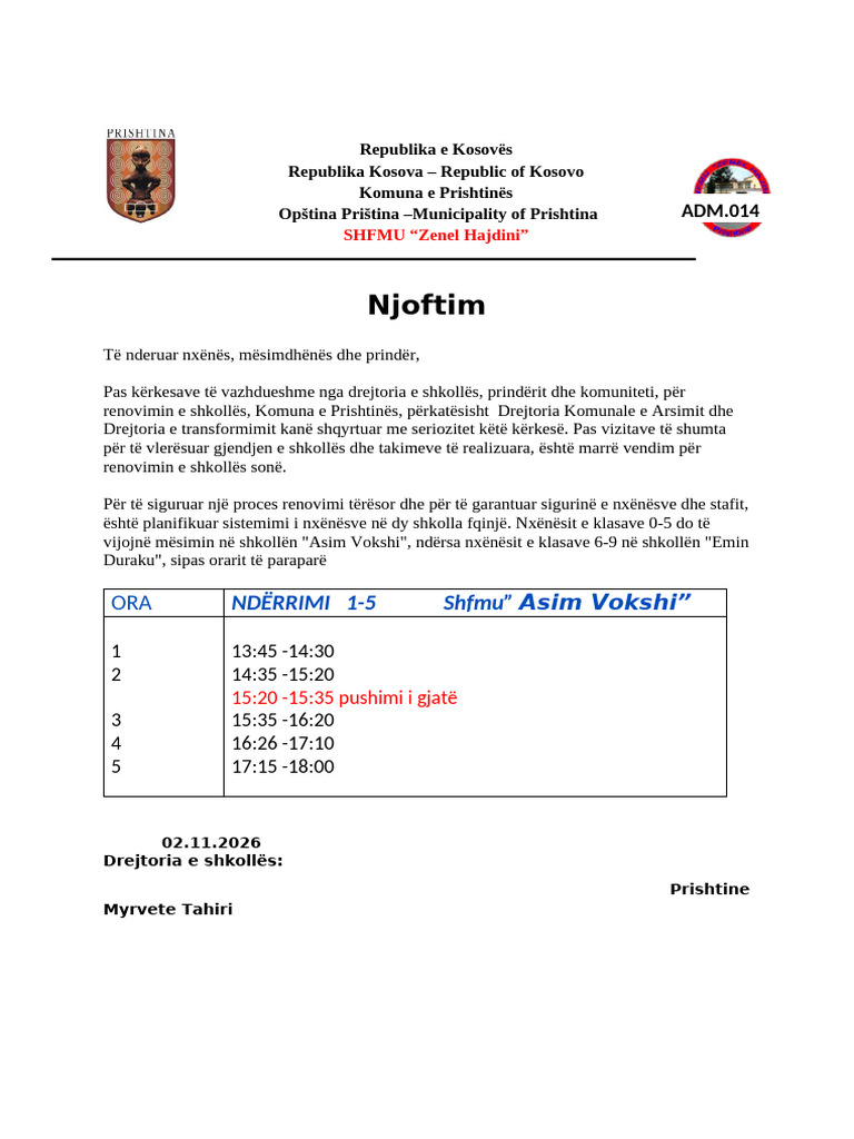 Njoftim Për Renovim Dhe Orarin | PDF
