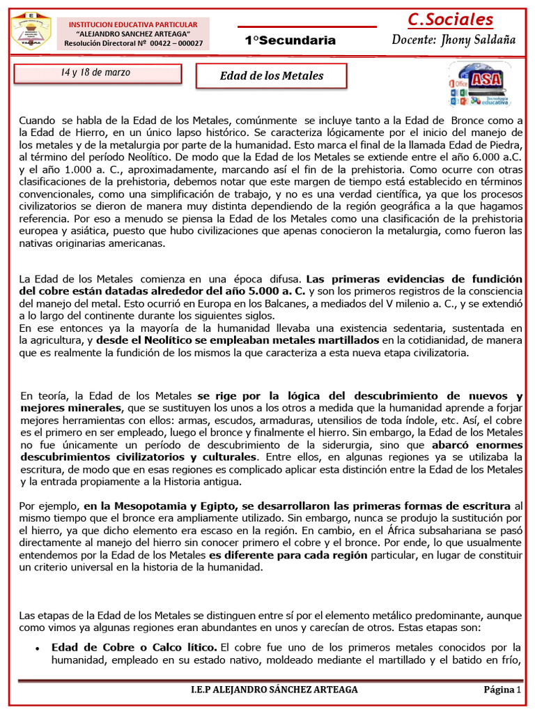 La Edad de los Metales: Características y Etapas | PDF | Bronce ...