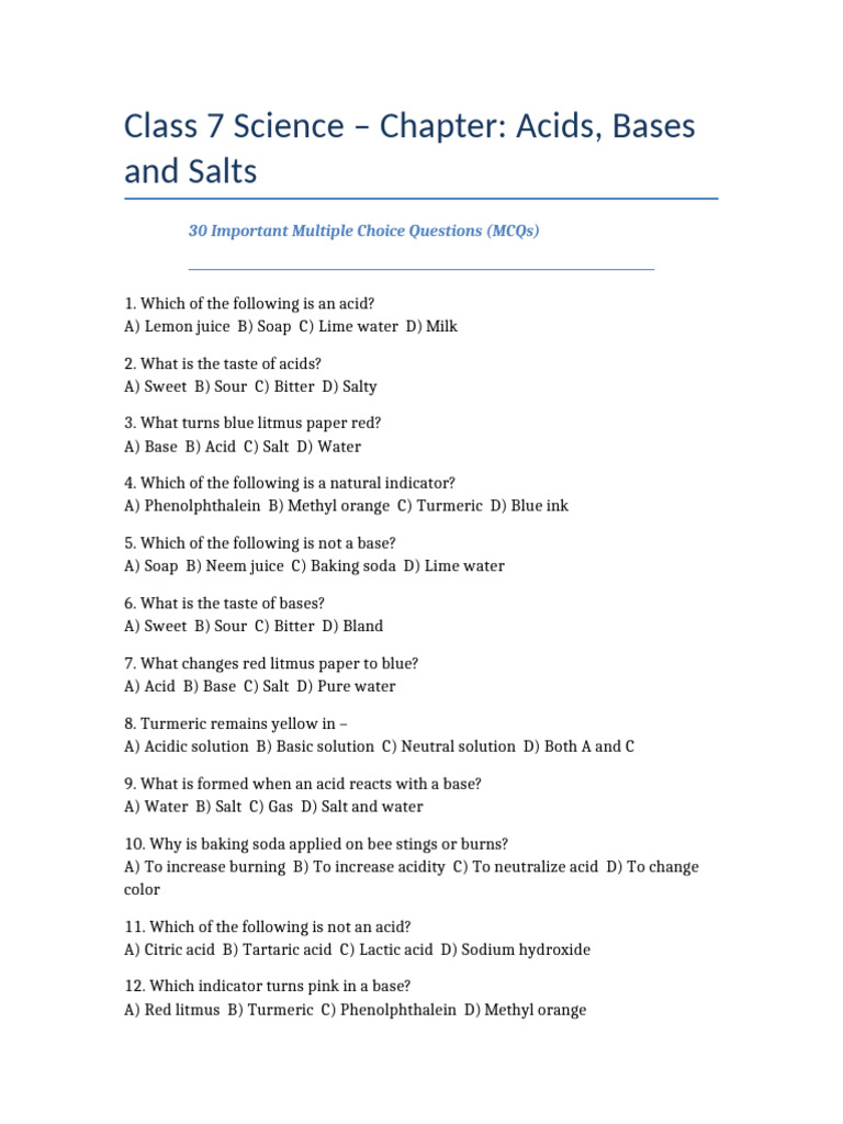 Class 7 MCQs on Acids, Bases, Salts | PDF | Acid | Sodium Bicarbonate