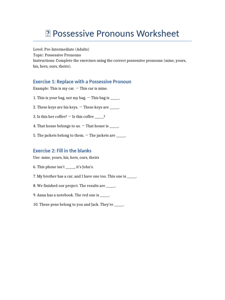 Possessive Pronouns Worksheet for Adults | PDF