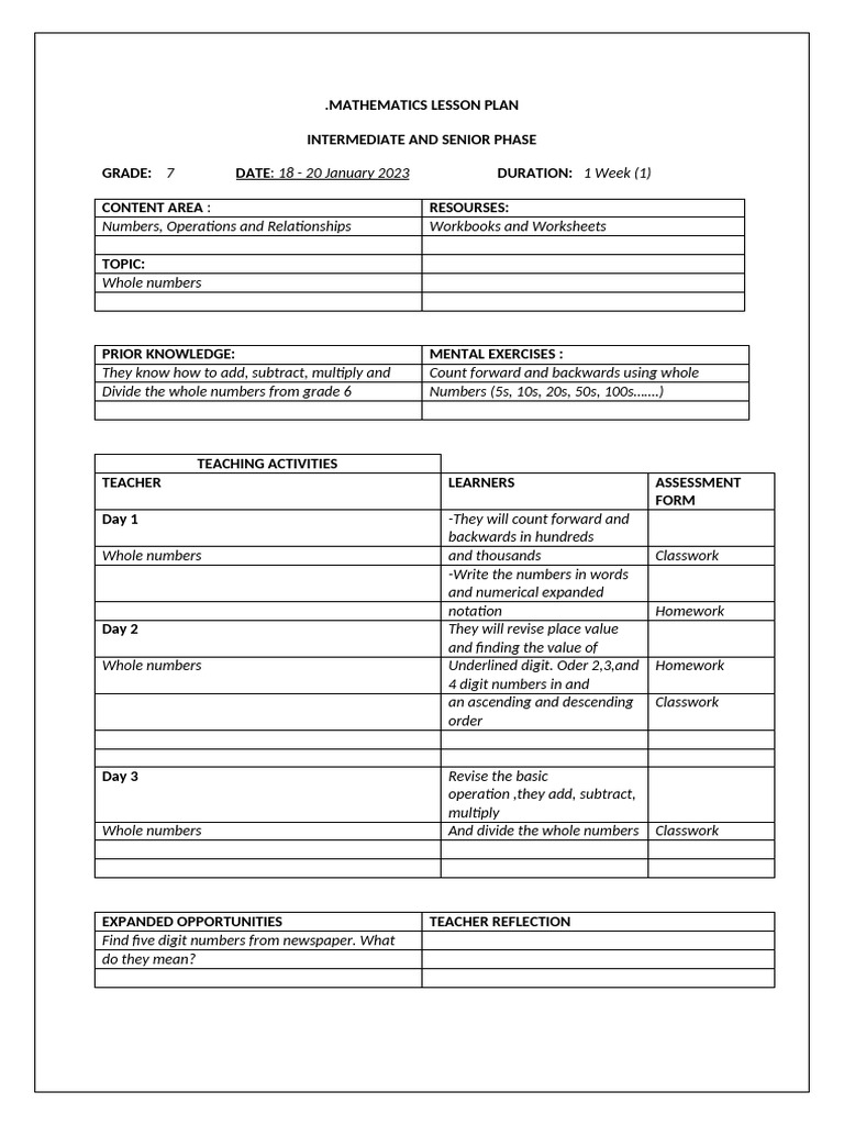 Grade 7 Whole Numbers Lesson Plan | PDF | Area | Angle