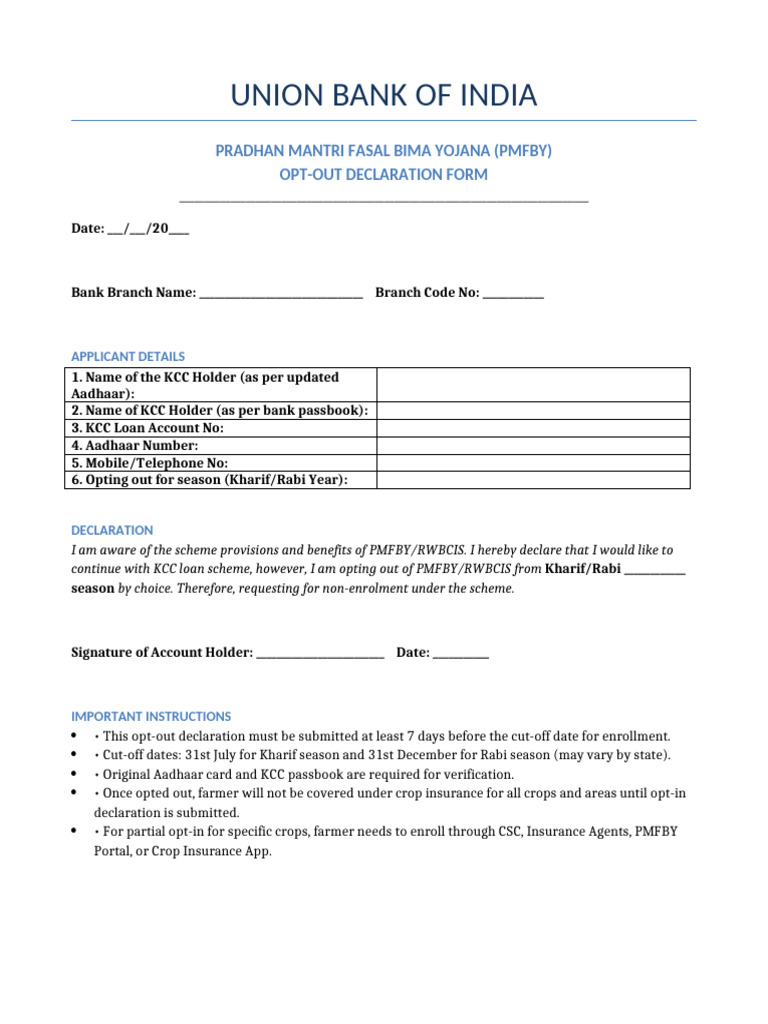 PMFBY Opt-Out Declaration Form | PDF