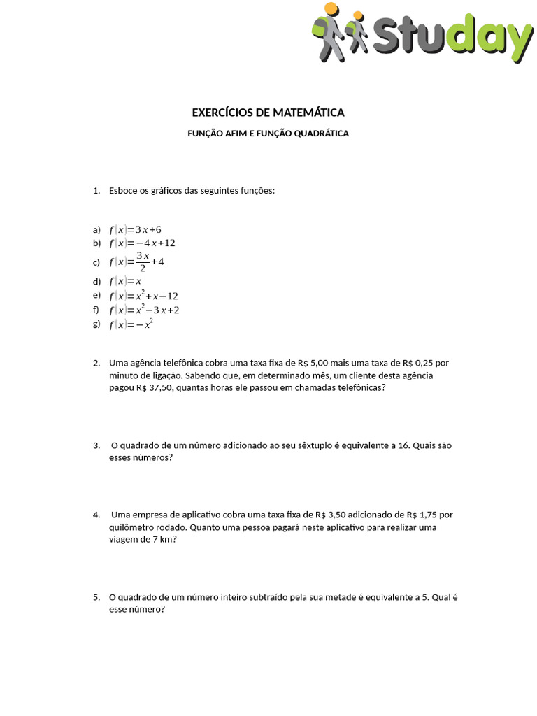 Exercícios de Funções Matemáticas | PDF
