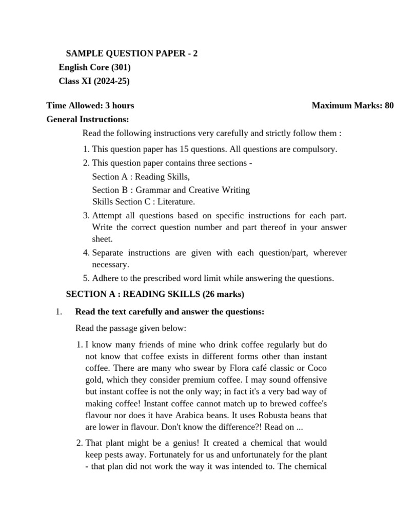 Class XI English Core Sample Paper 2024 | PDF | Coffee | Taste