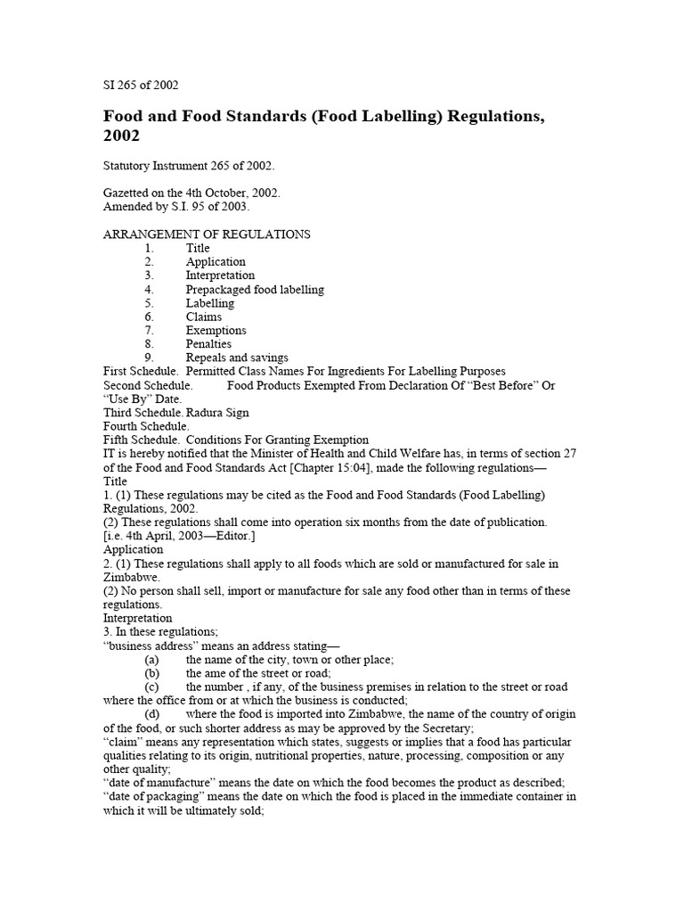 Zimbabwe Food Labelling Regulations 2002 | PDF | Nutrition | Diet ...