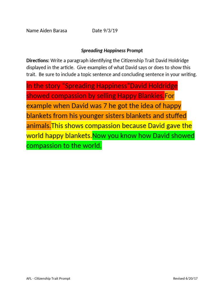 Aiden Barasa - AFL Spreading Happiness Paragraph | PDF