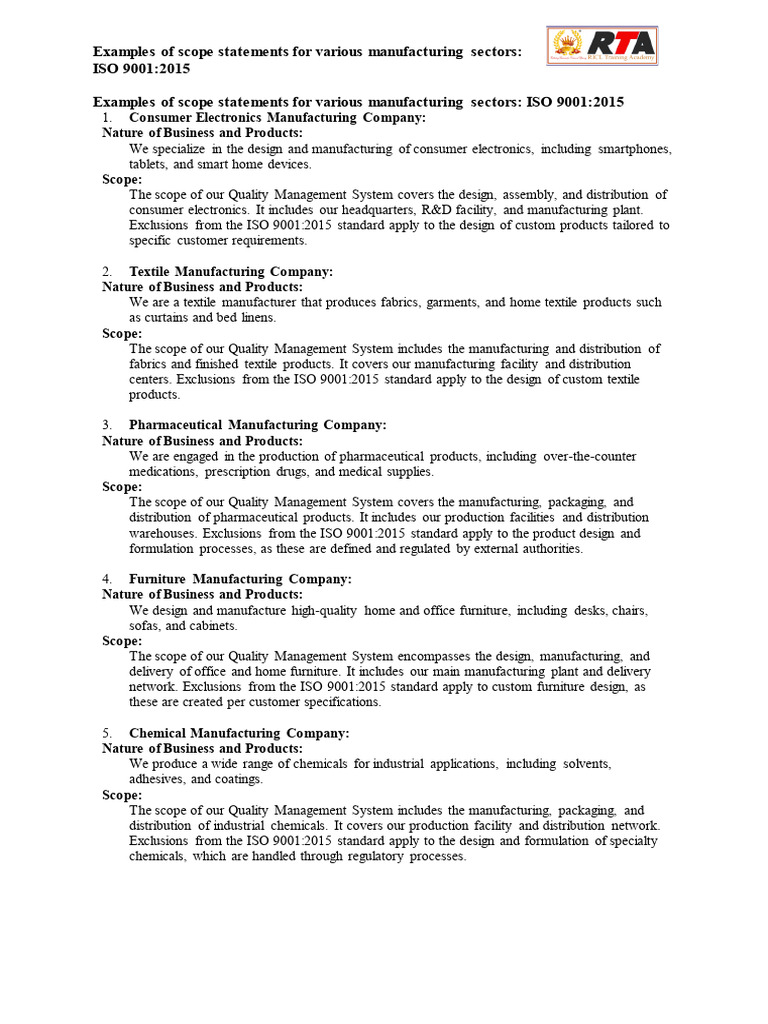 Examples of Scope Statements For ISO 9001 - 2015 | PDF | Quality ...