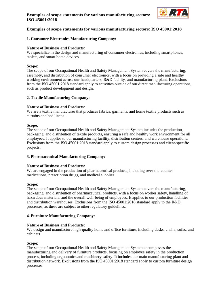 Examples of Scope Statements For ISO 45001 - 2018 | PDF | Occupational ...