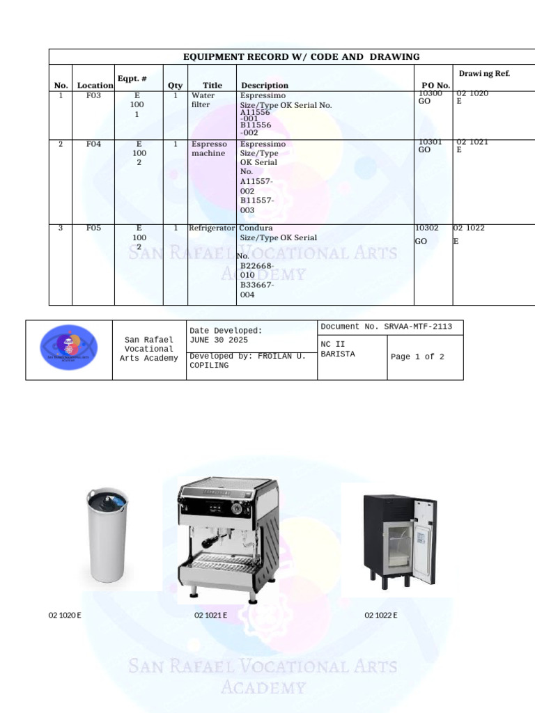 Mtf Equipment Record With Code and Drawing | PDF | Coffee | Drink