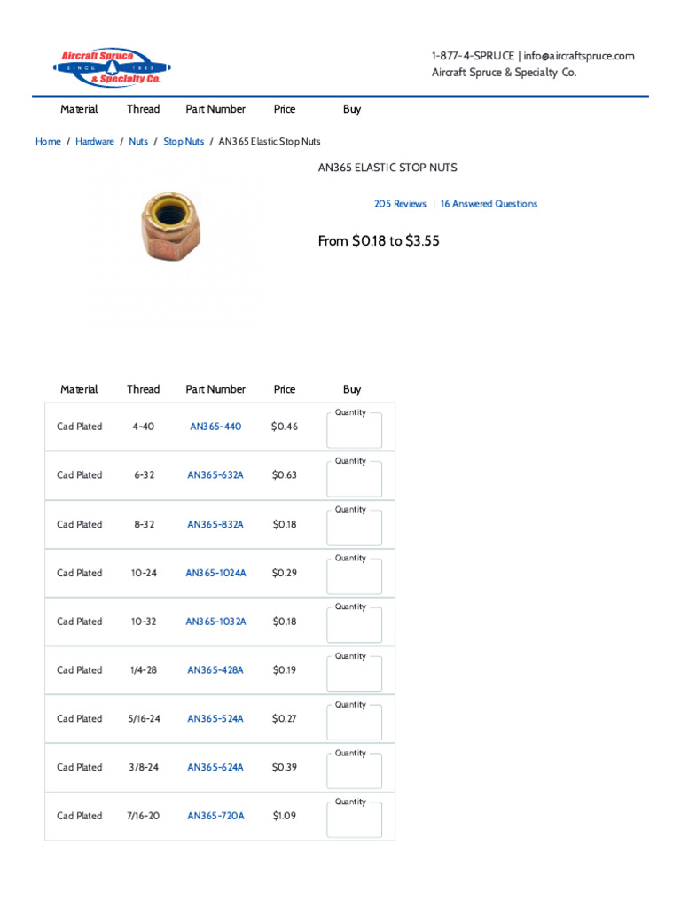 AN365 Elastic Stop Nuts _ Aircraft Spruce | PDF | Nut (Hardware ...