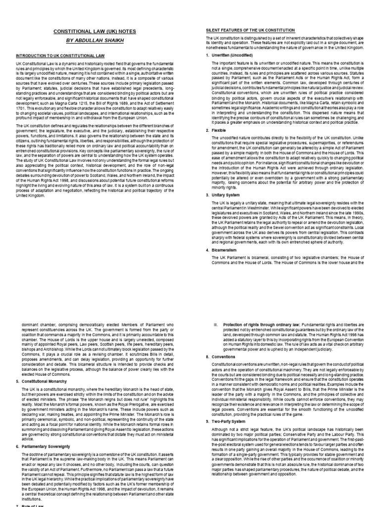 UK Constitutional Law Overview | PDF | Bill (Law) | House Of Commons Of ...