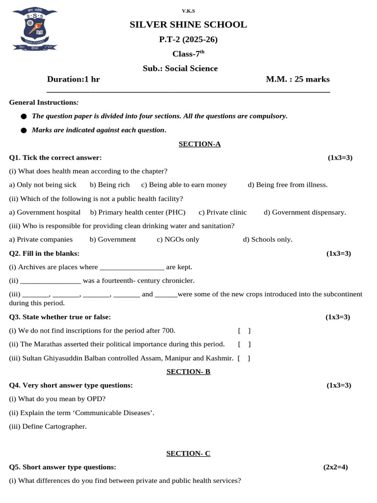 Class 7 SST PT-2 Question Paper 2025 | PDF | Health Policy | Health ...