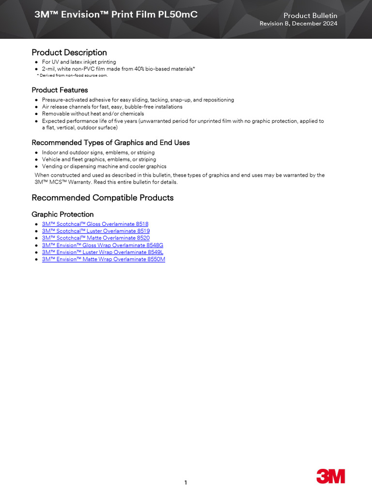 3M Envision Print Film PL50mC Overview | PDF | Materials | Industrial ...