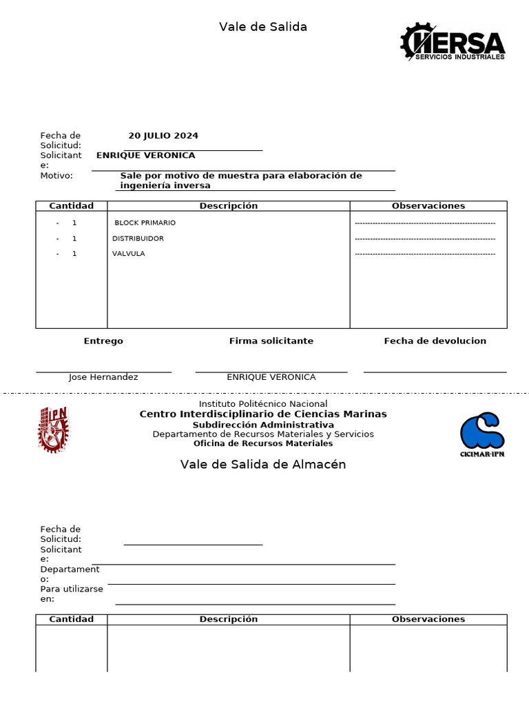 Vale De Salida De Almacén Ipn Pdf