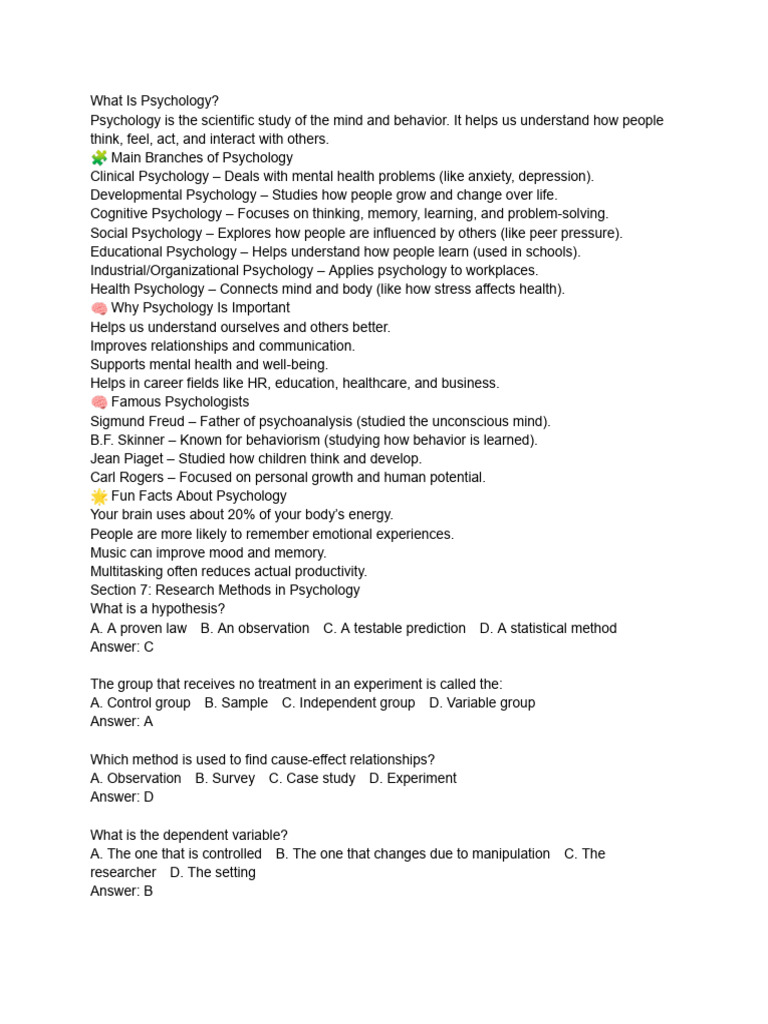 Psychology Worksheet | PDF | Psychology | Mind