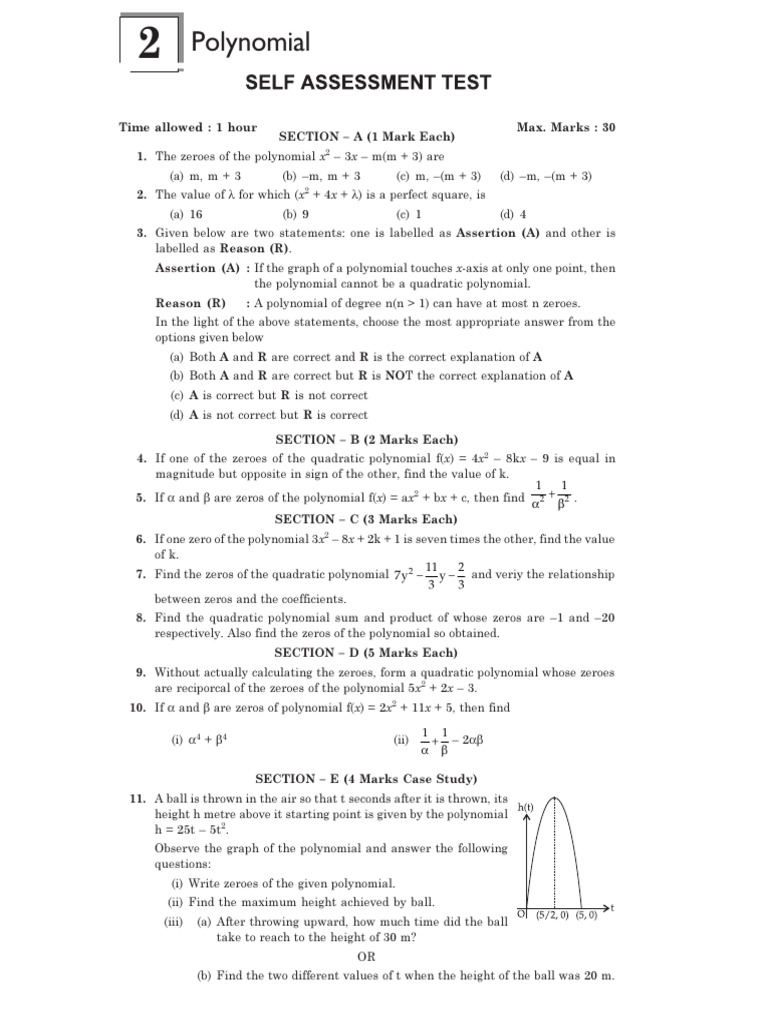 Ch. - 2 Class X Maths-Self Assessment Test | PDF | Polynomial | Zero Of ...