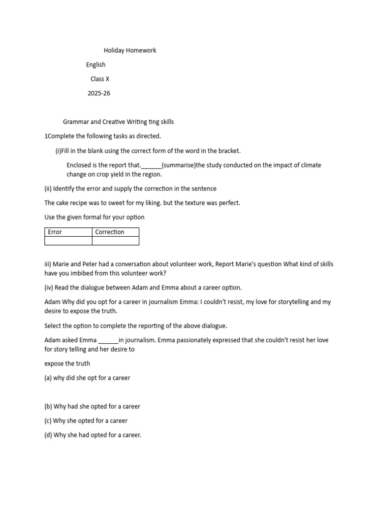 Class X Holiday Homework: English Tasks | PDF | Human Communication