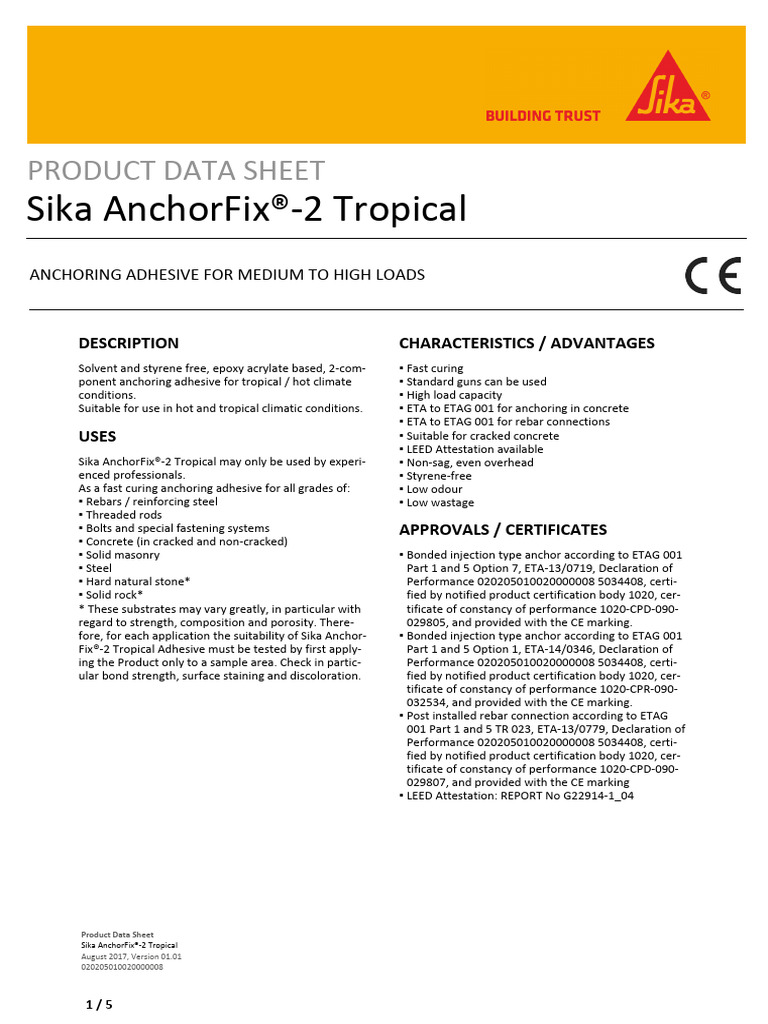 Sika AnchorFix®-2 Tropical Data Sheet | PDF | Drill | Concrete