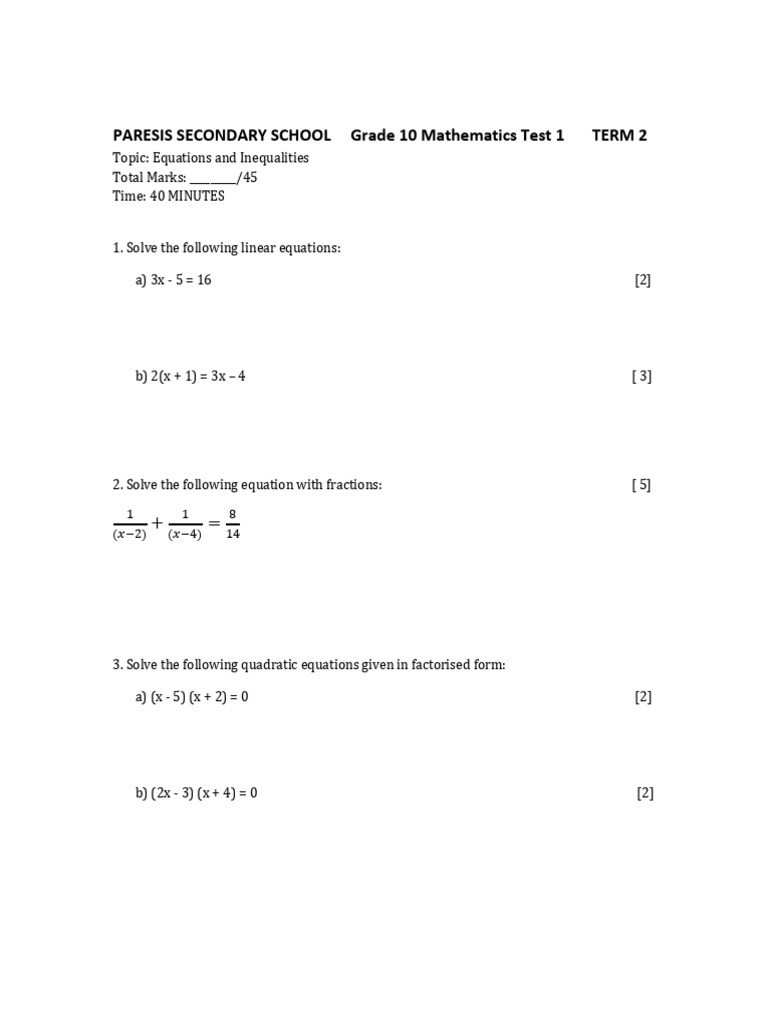 Grade 10 Equations and Inequalities Test | PDF