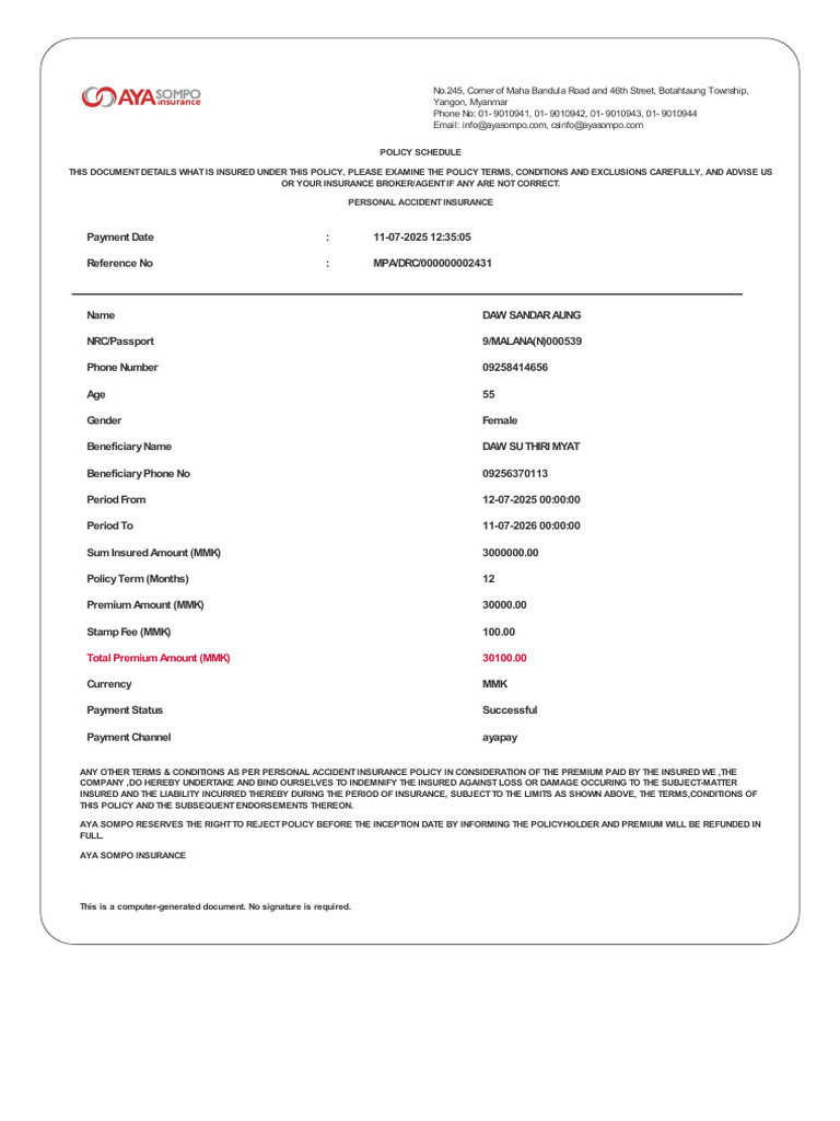 Daw Sandar Aung PA Policy MPA - DRC - 000000002431 | PDF | Insurance | Risk