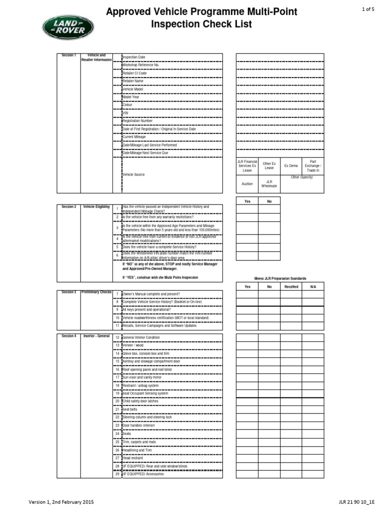 Multipoint Inspection Checklist | PDF | Trunk (Car) | Brake