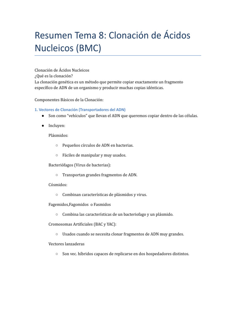 Resumen Tema8 Clonacion Facil Detallado.docx - Documentos de Google | PDF | Plásmido | Adn