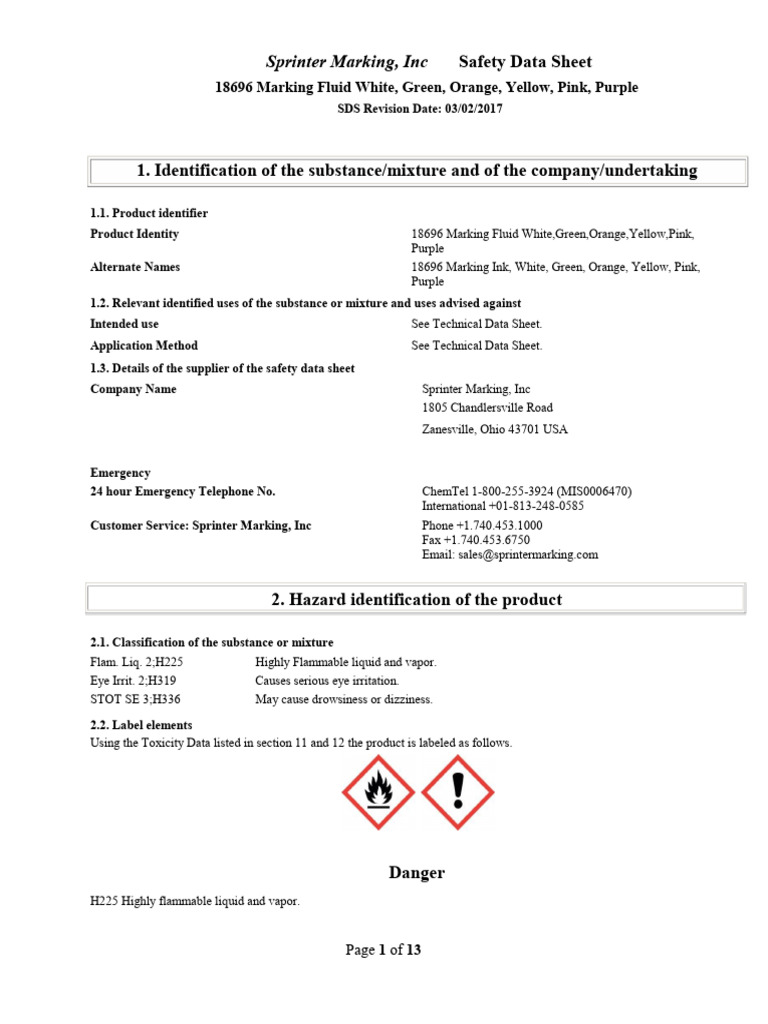 Safety Data Sheet for Marking Fluid | PDF | Solvent | Toxicity