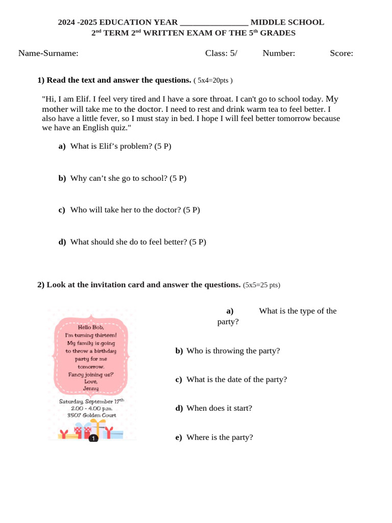 5th grade English Test | PDF