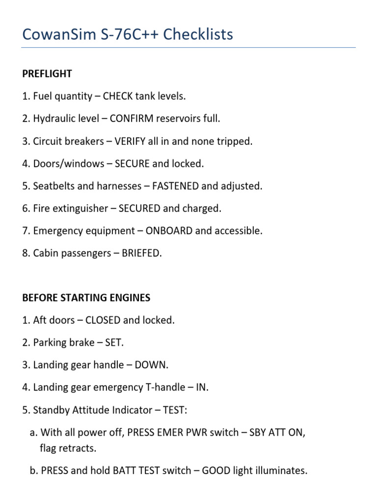 CowanSim S76C++ Checklist | PDF | Aviation | Aircraft