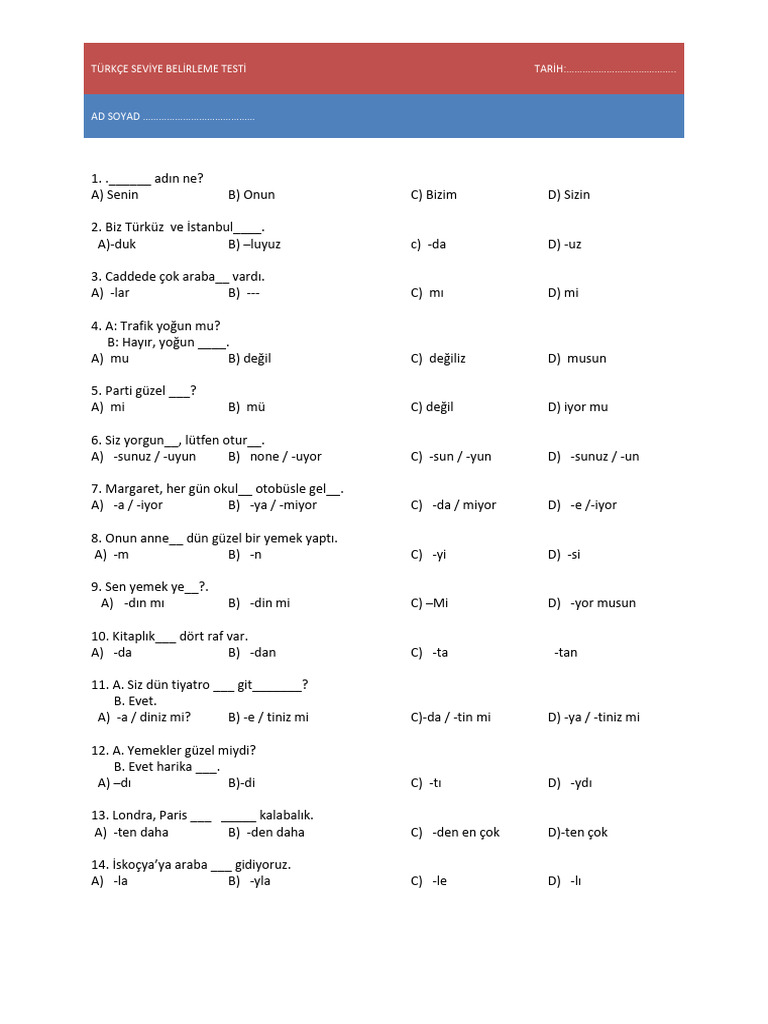 Turkish Placement Test | PDF