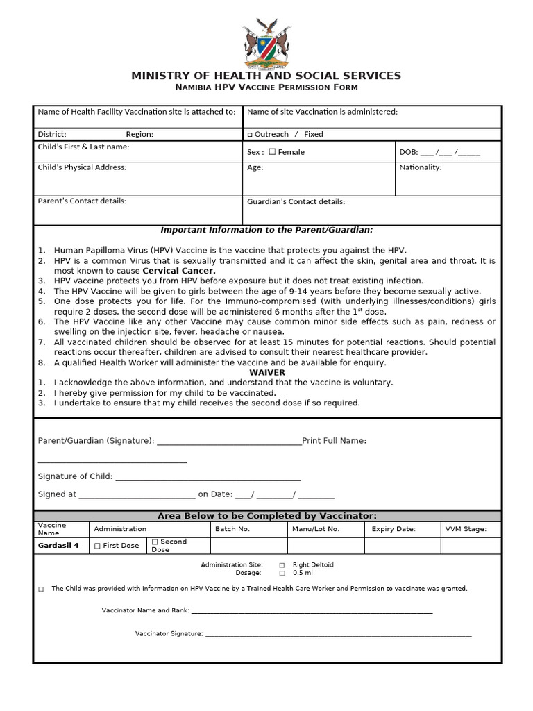 Namibia HPV Vaccine Consent Form | PDF | Public Health | Medical ...