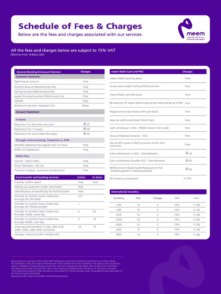 Meem Ksa Fees and Charges March en | PDF | Credit Card | Fee