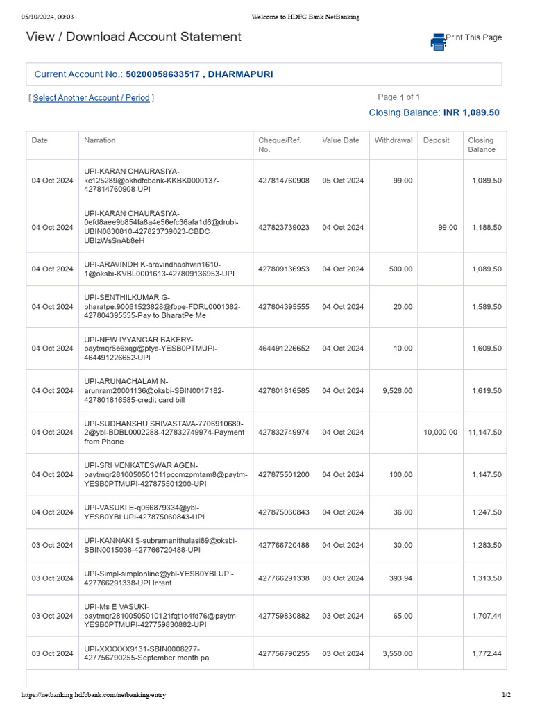 HDFC Bank NetBanking Account Statement | PDF | Banking | Financial Services