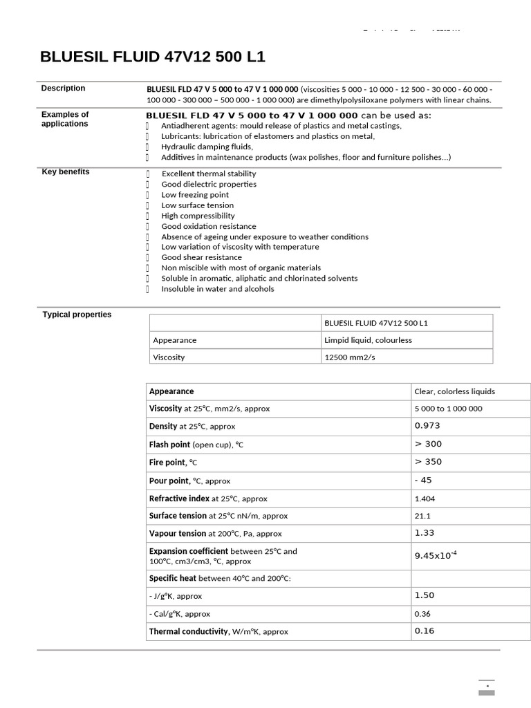 BLUESIL FLUID 47V12 Technical Data Sheet | PDF | Viscosity | Liquids