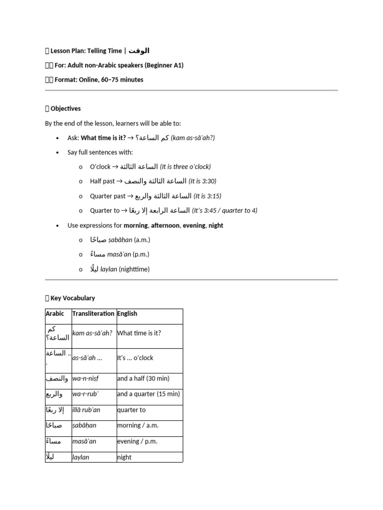 Arabic Time Telling Lesson Plan | PDF | Human Communication | Linguistics