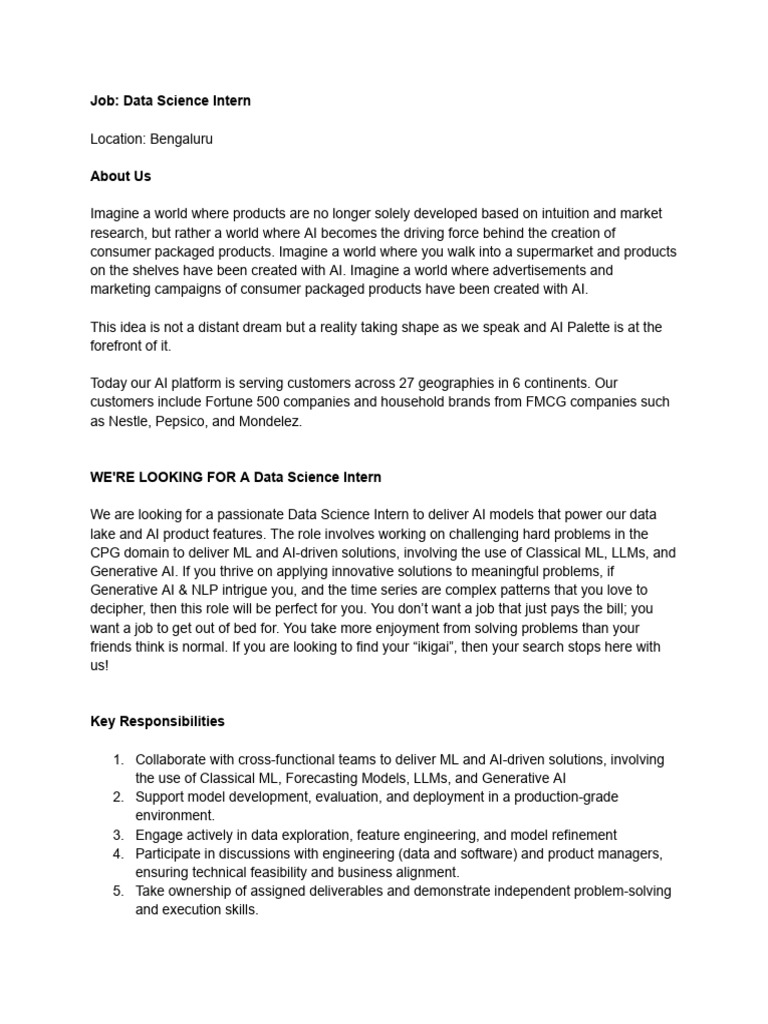 Data Science Intern Position in Bengaluru | PDF | Artificial ...