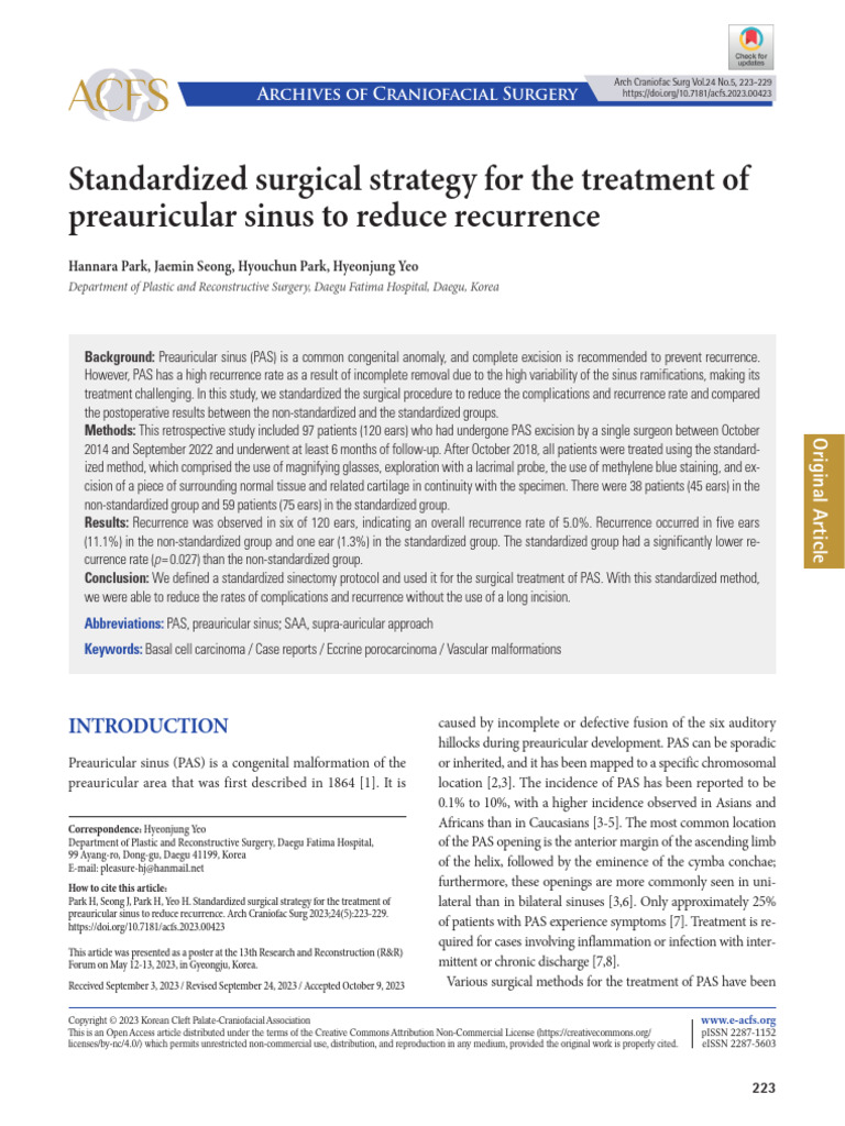 Standardized Surgery for Preauricular Sinus | PDF | Surgery | Plastic ...