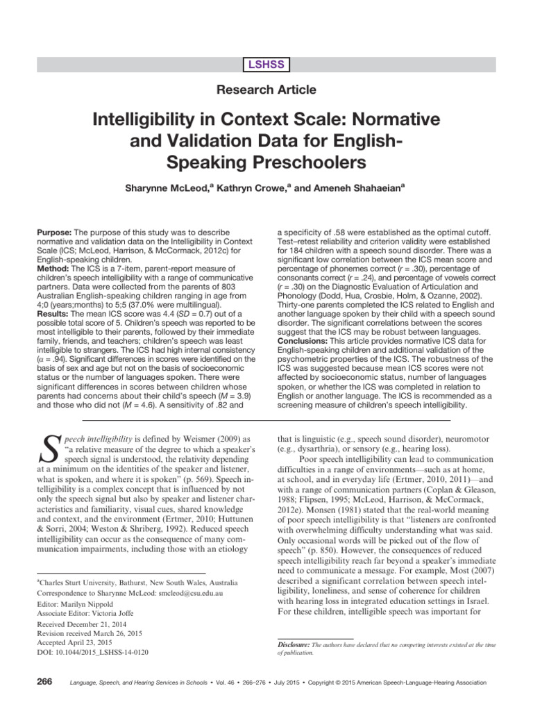 Intelligibility in Context Scale | PDF | Speech | Validity (Statistics)