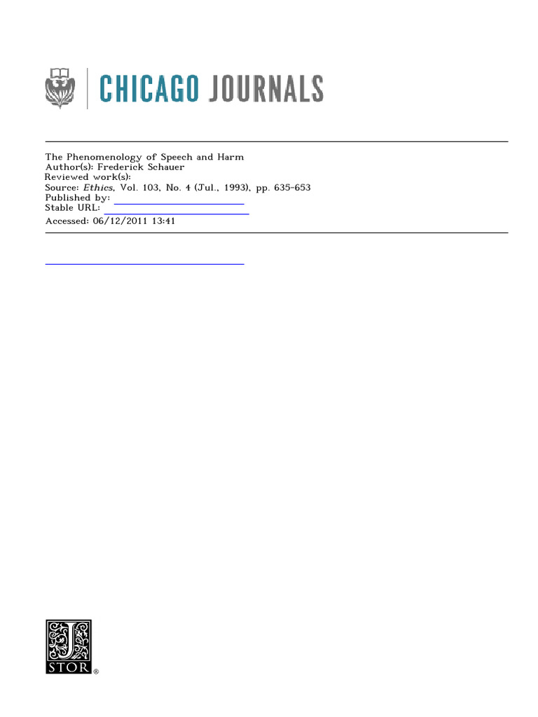 Frederick Schauer - The Phenomenology of Speech and Harm | PDF ...