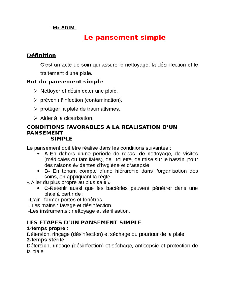 1-Pansement Simple Prof | PDF | Hygiène | Spécialités médicales