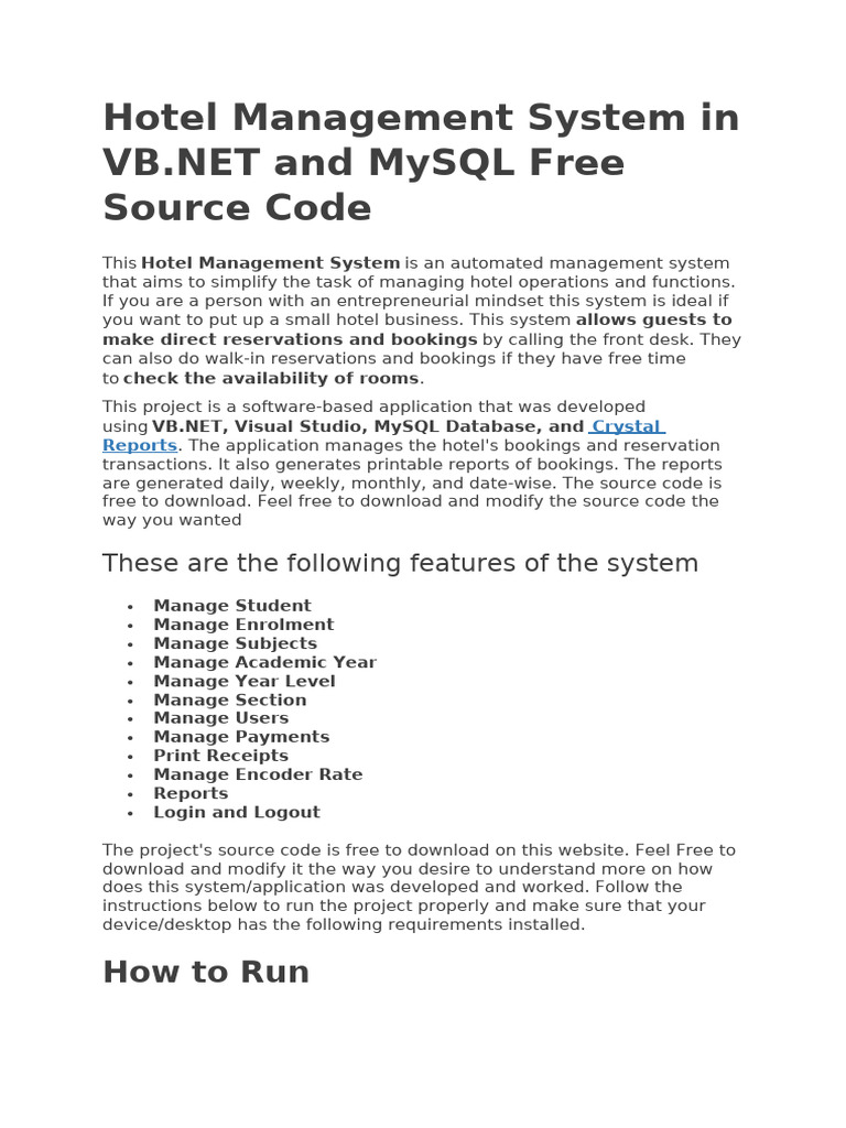 Hotel Management System in VB | PDF | My Sql | Computer File