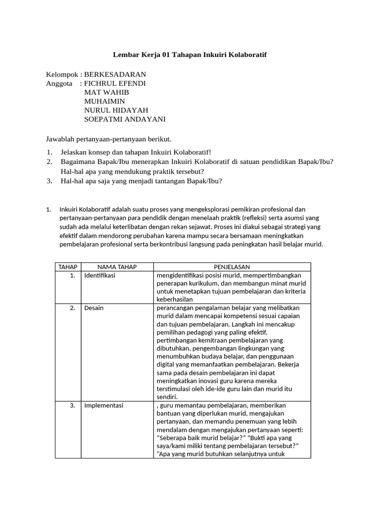 Lembar Kerja 01 Tahapan Inkuiri Kolaboratif - Final | PDF