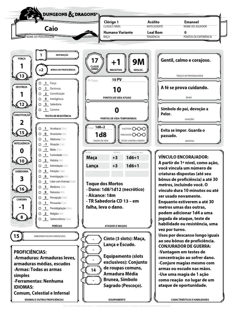 Ficha de Clérigo para D&D 5E | PDF
