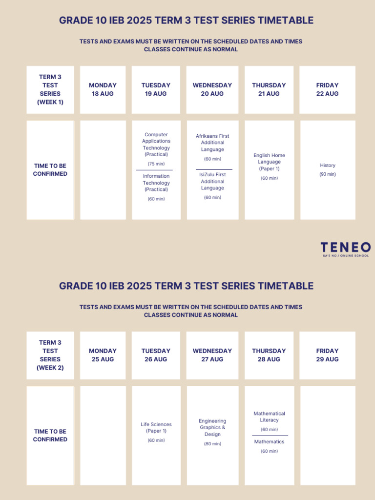 Grade 10 Ieb 2025 Term 3 Test Series Timetable | PDF