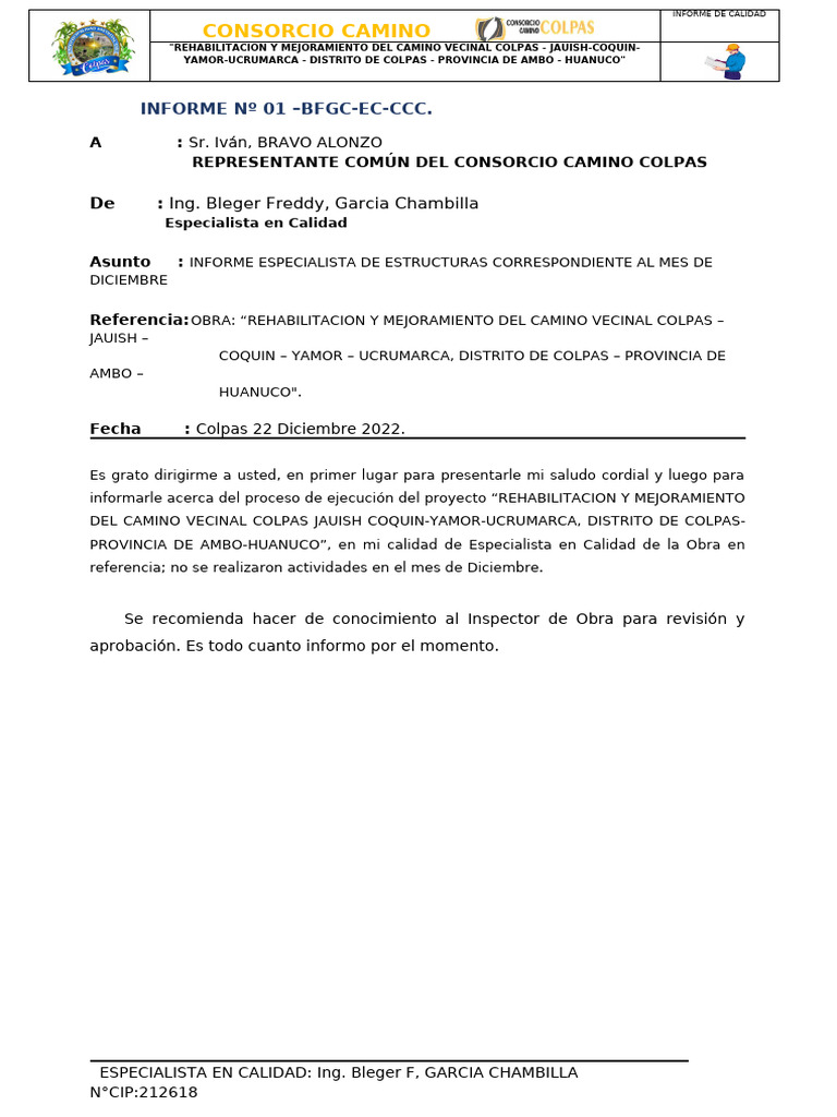 Informe de Calidad: Rehabilitación Camino Colpas | PDF